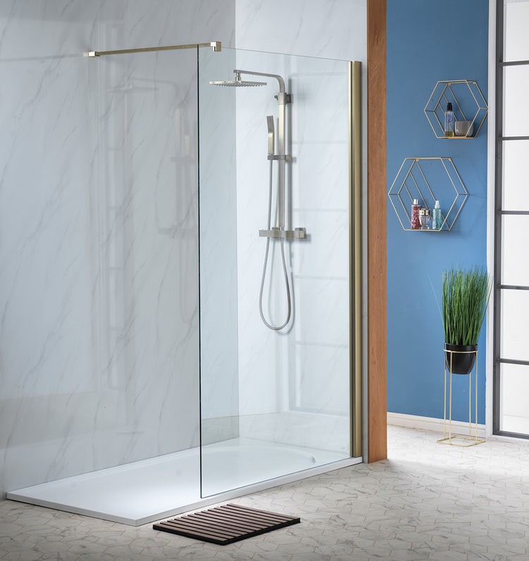 Genesis Brushed Brass Showerwall – Allbits Bathrooms